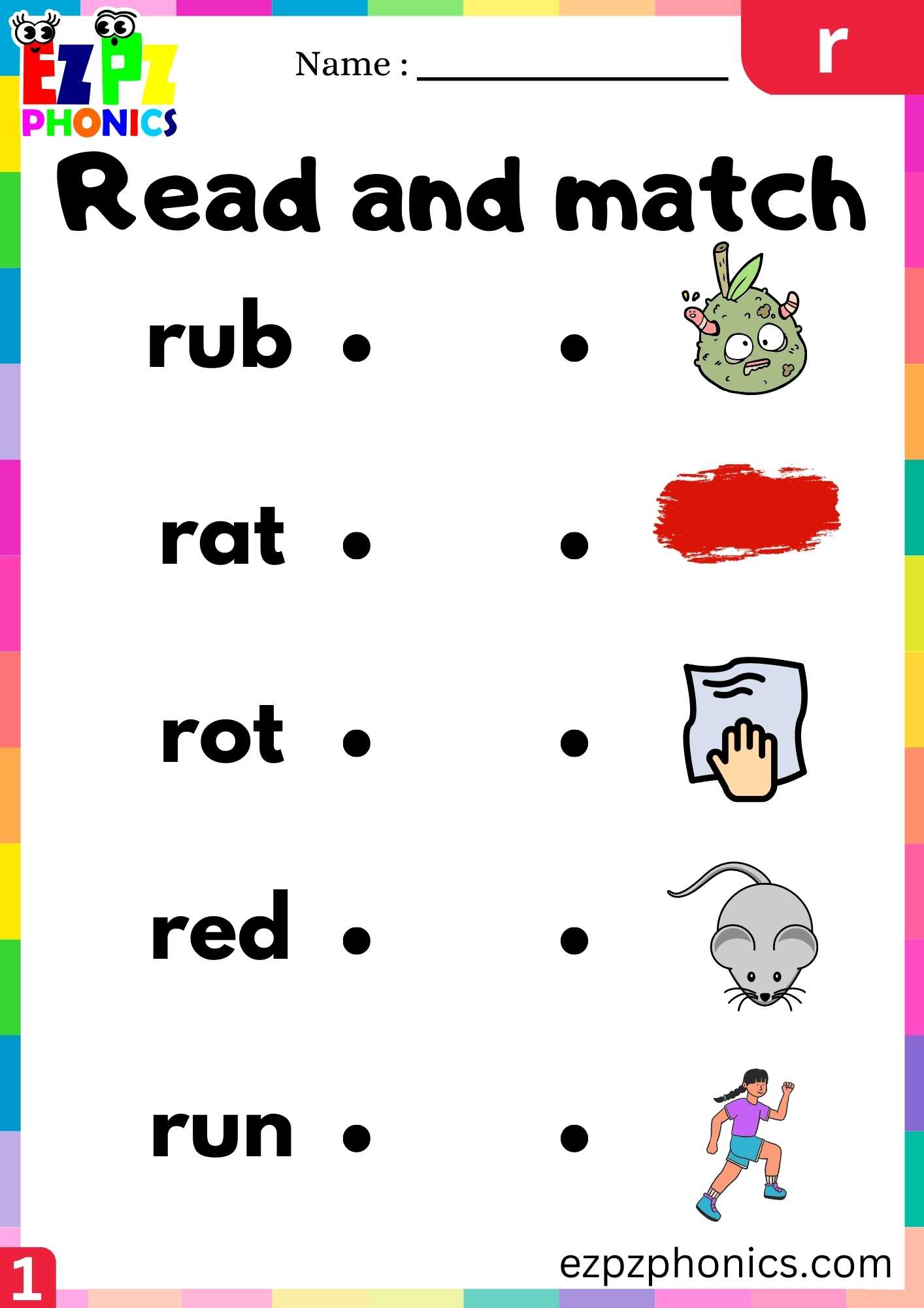 Letter R Read And Match Beginning Sounds Worksheet - ezpzphonics.com